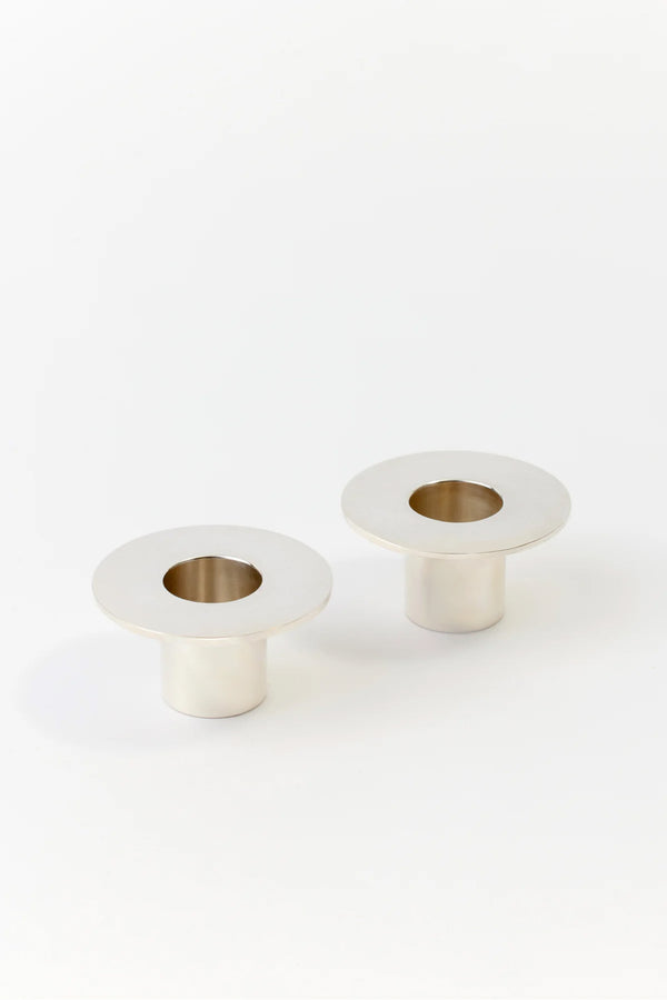 SET OF 2 SILVER DECO TAPER CANDLE HOLDERS