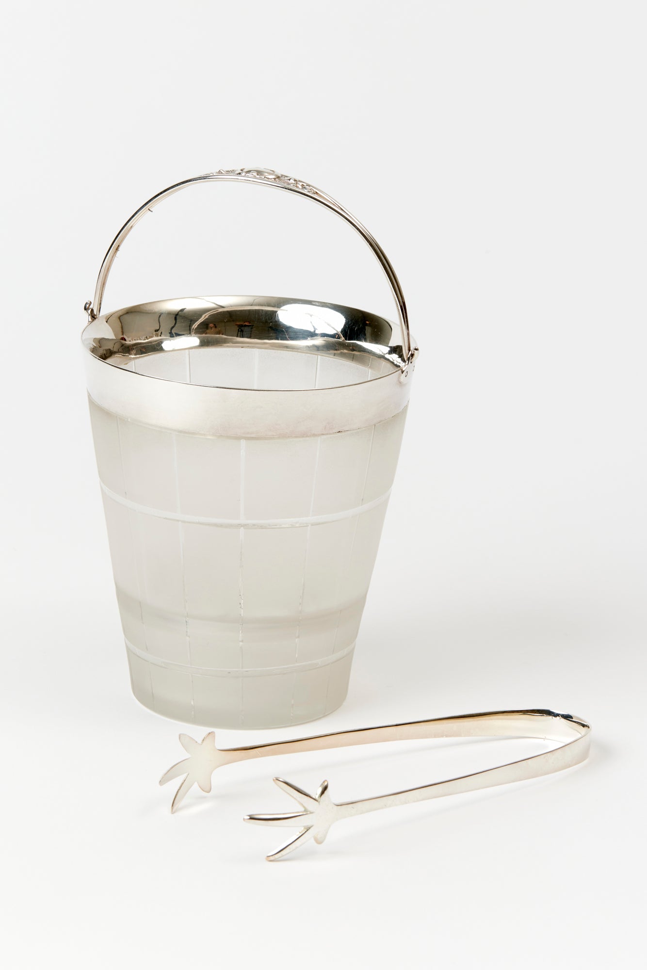 VINTAGE DECO FROSTED ICE PAIL WITH TONGS